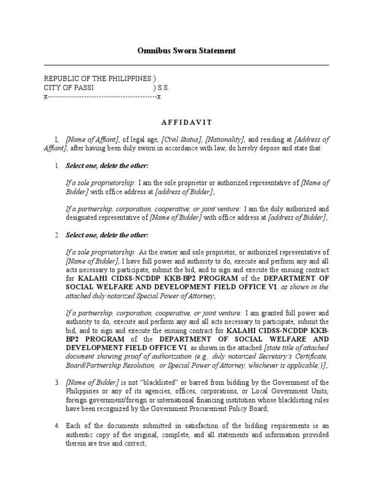 Omnibus Sworn Statement TEMPLATE | PDF | Affidavit | Sole Proprietorship