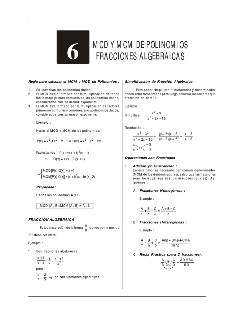 Algebra t6 - MCD y MCM de Polinomios - t7 - Teoria Del Monomio | PDF | Notación Matemática ...
