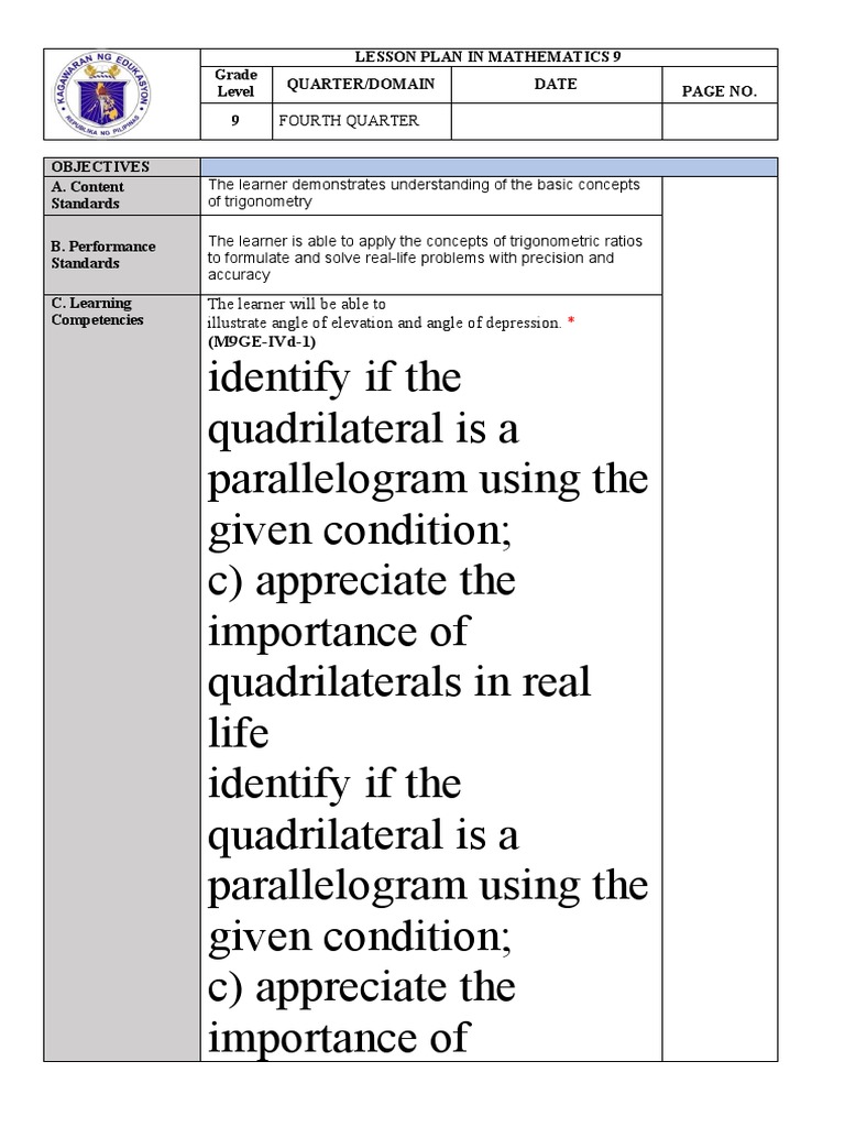 Math 9 Lesson Plan | PDF | Cognition | Trigonometry