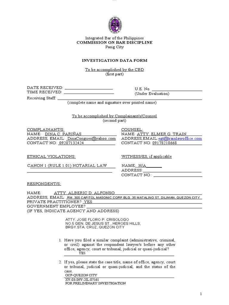 Ibp Investigation Data Form | PDF | Lawyer | Complaint