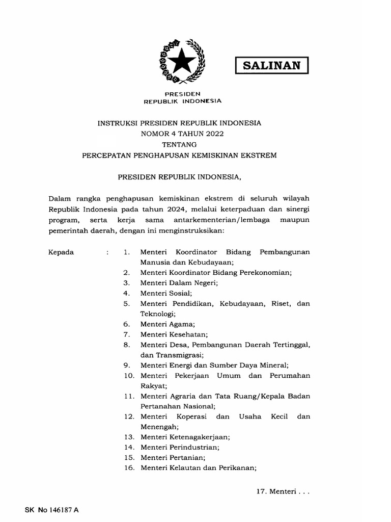 Inpres Nomor 4 Tahun 2022 | PDF