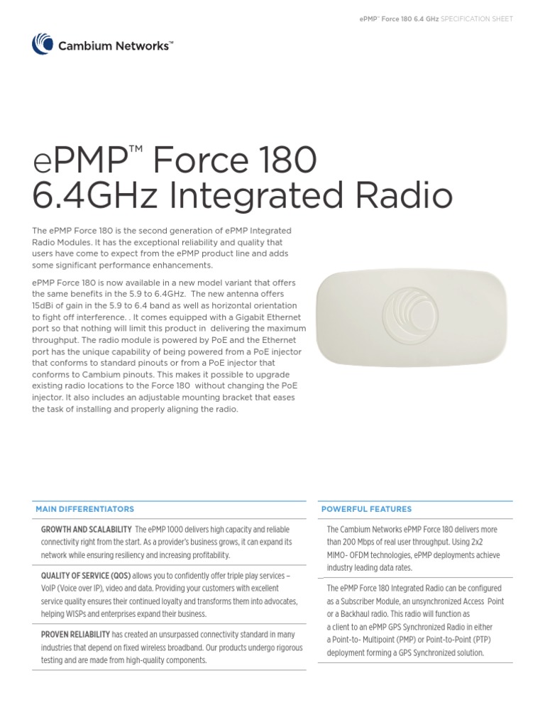 E PMP Force 180 6.4Ghz Integrated Radio: Main Differentiators Powerful ...