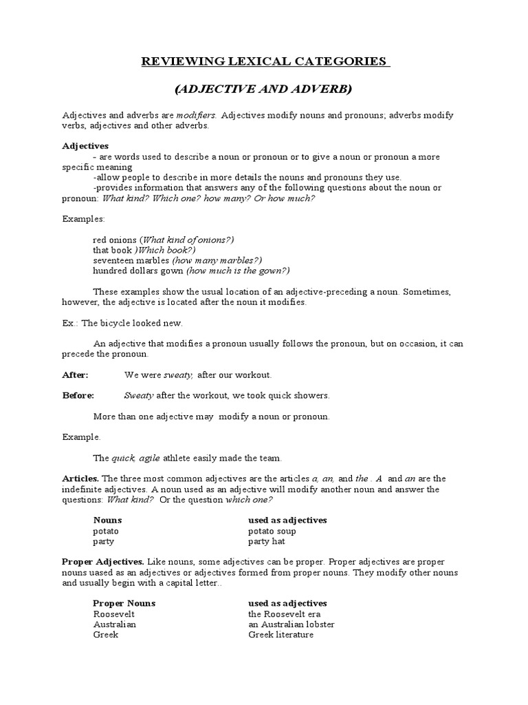 Reviewing Lexical Categories: (Adjective and Adverb) | PDF | Verb ...