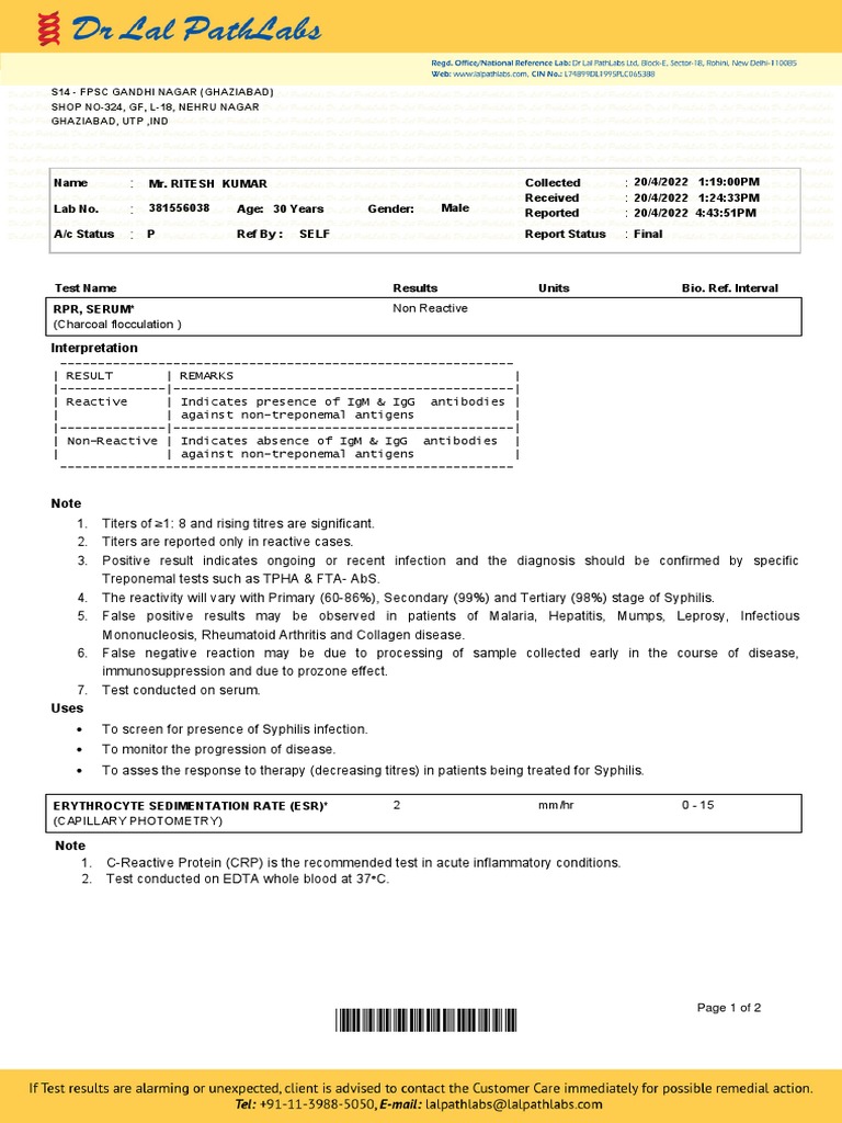 Patient Test Report for Mr. Ritesh Kumar Including RPR Test for ...