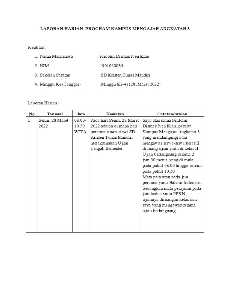 Logbook 1 (Minggu Ke 4) PROGRAM KAMPUS MENGAJAR ANGKATAN 3 | PDF