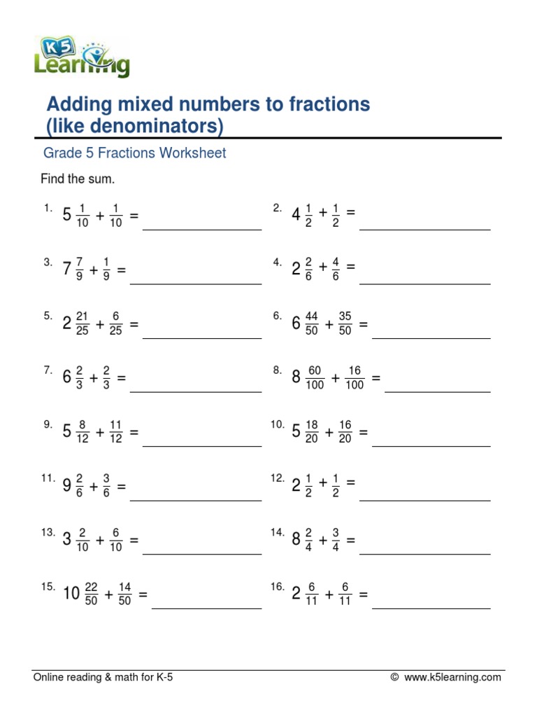 Grade-5-Adding-Mixed-Numbers-Fractions-Like-Denominators-A-E | PDF ...