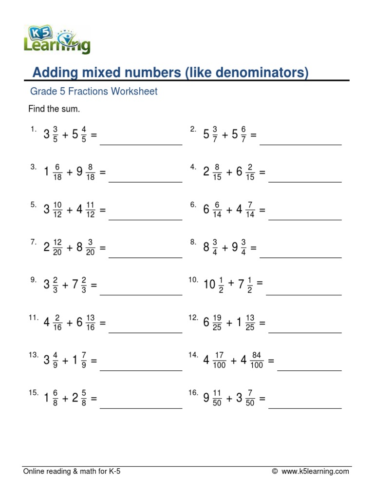 Adding Mixed Numbers (Like Denominators) : Grade 5 Fractions Worksheet ...