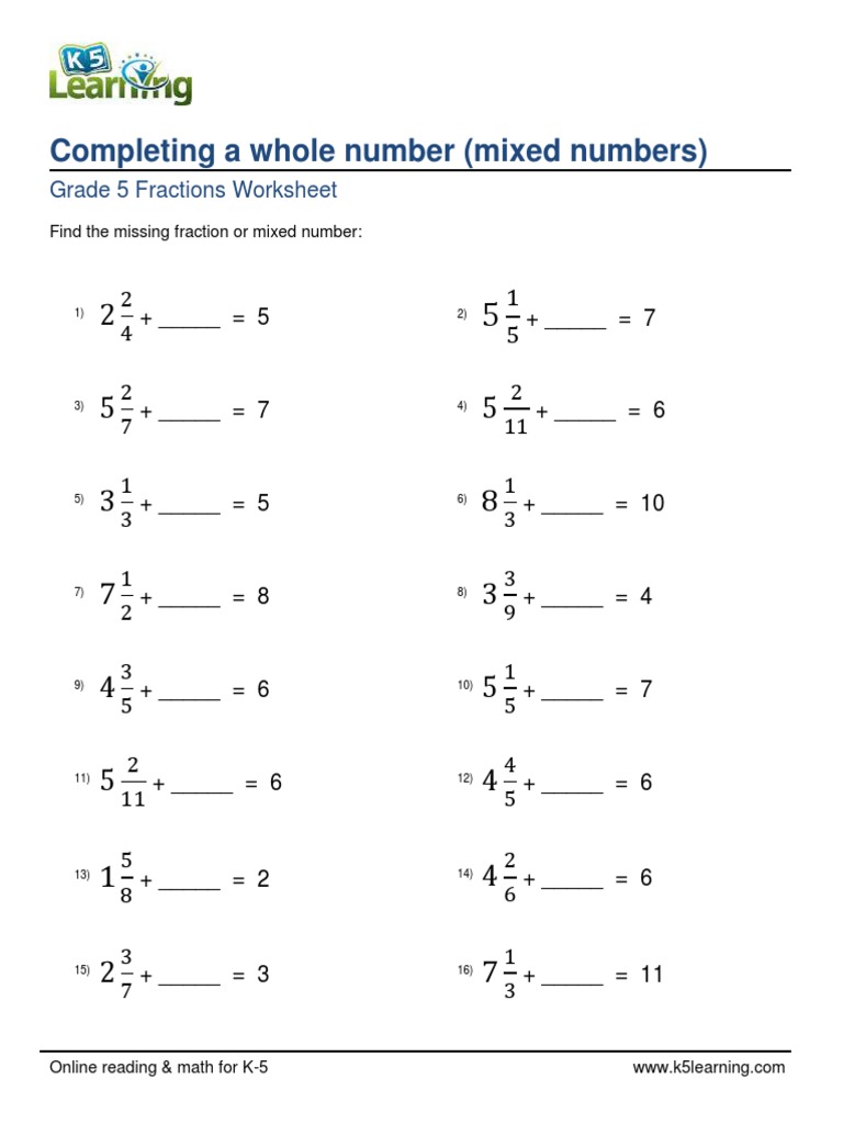 Completing A Whole Number (Mixed Numbers) : Grade 5 Fractions Worksheet | PDF | Naming ...