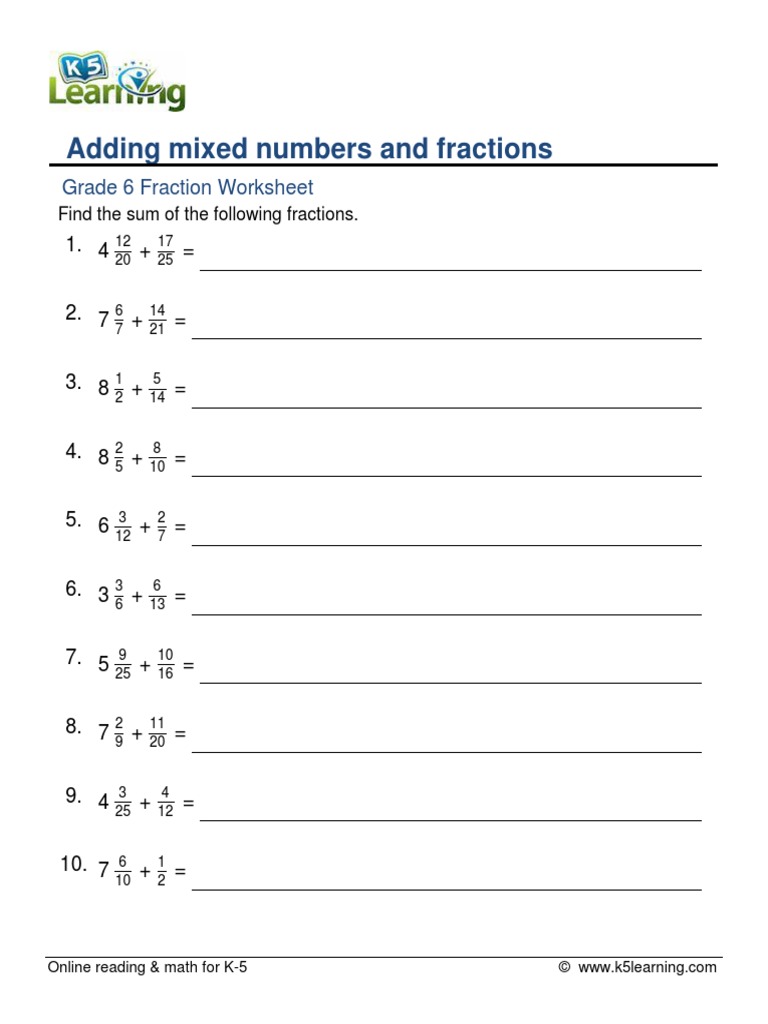 Adding Mixed Fractions Worksheets