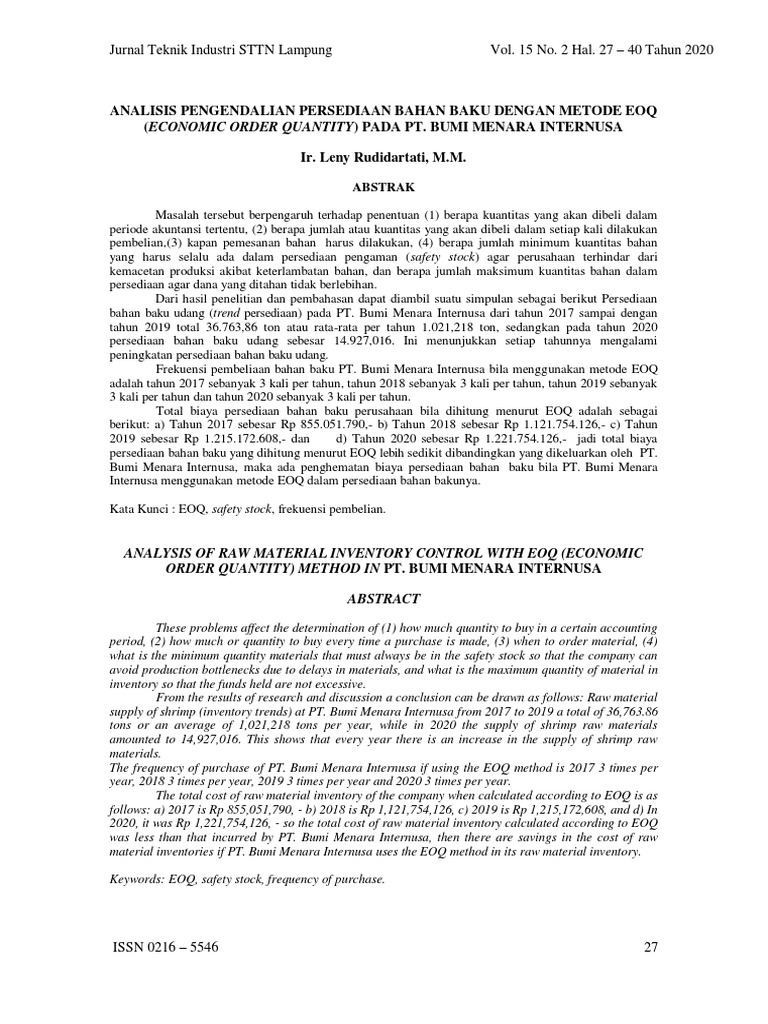 Analisis Pengendalian Persediaan Bahan Baku Dengan Metode Eoq (Economic Order Quantity) Pada Pt ...