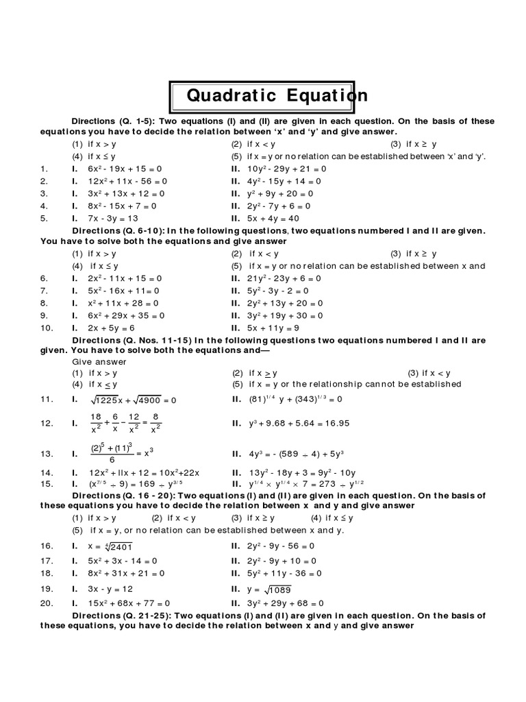 Quadratic Equation Questions | PDF | Equations | Algebra