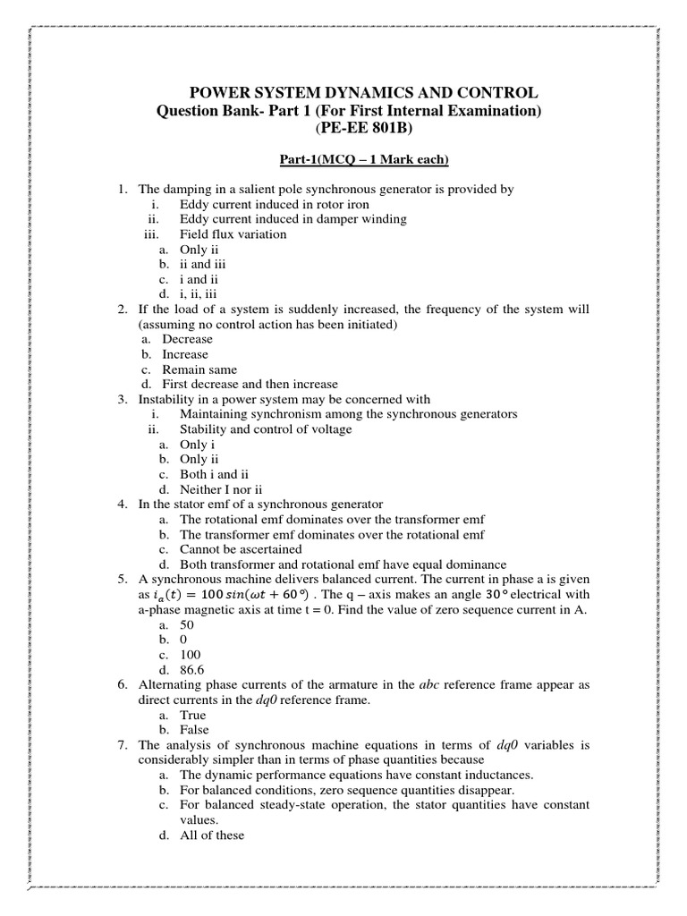 Power System Dynamics and Control Question Bank-Part 1 (For First ...