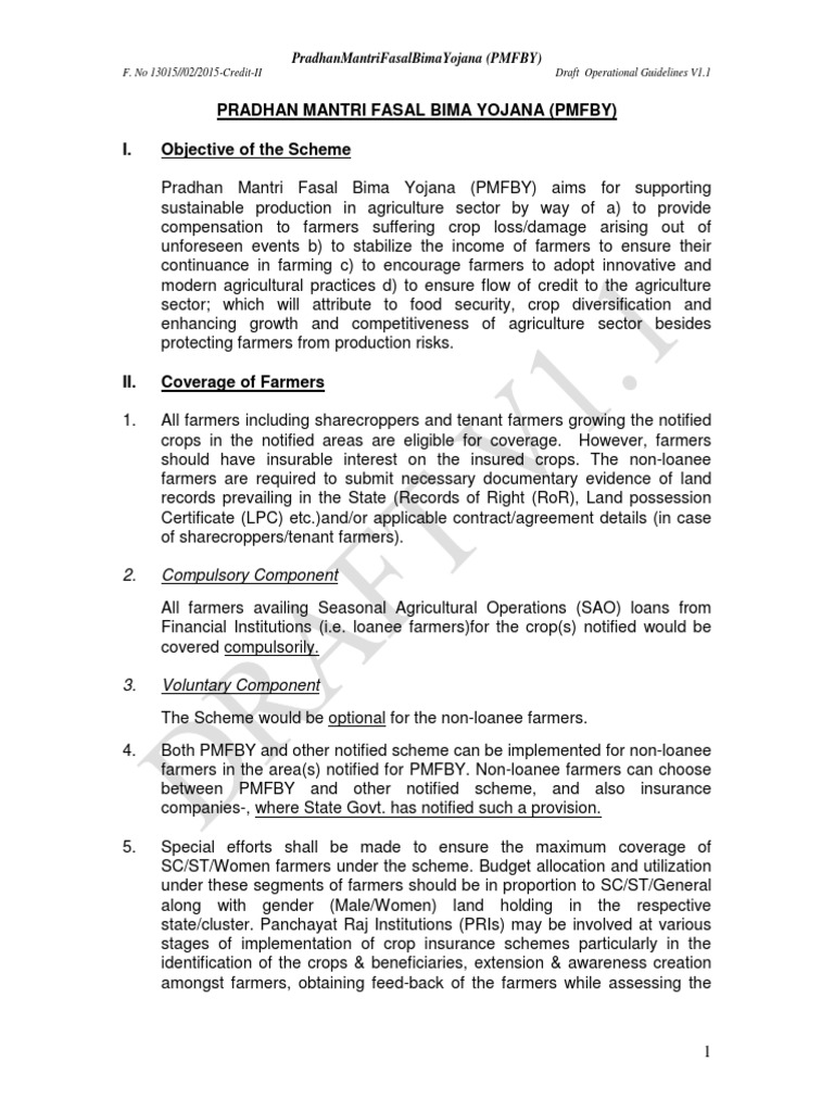 Pradhan Mantri Fasal Bima Yojana (Pmfby) I. Objective of The Scheme | PDF | Insurance ...