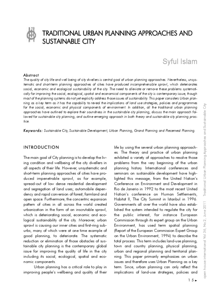 Traditional Urban Planning Approaches and Sustaina | PDF ...