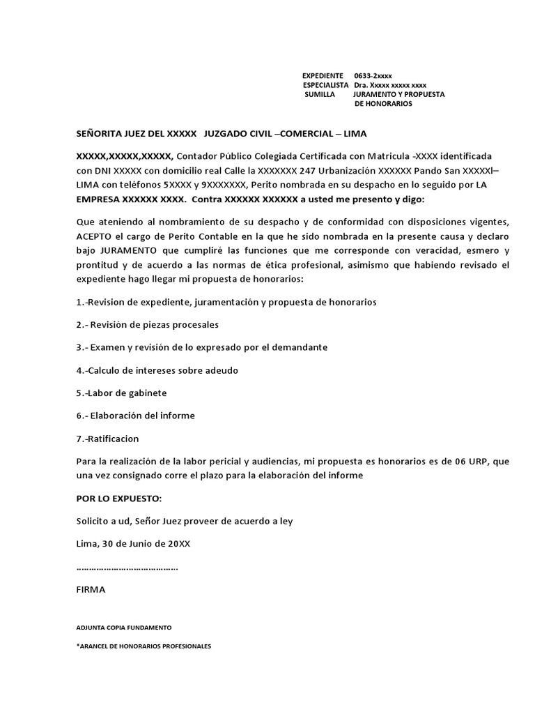 Modelo Juramentacion y Propuesta de Honorarios - Perito | PDF