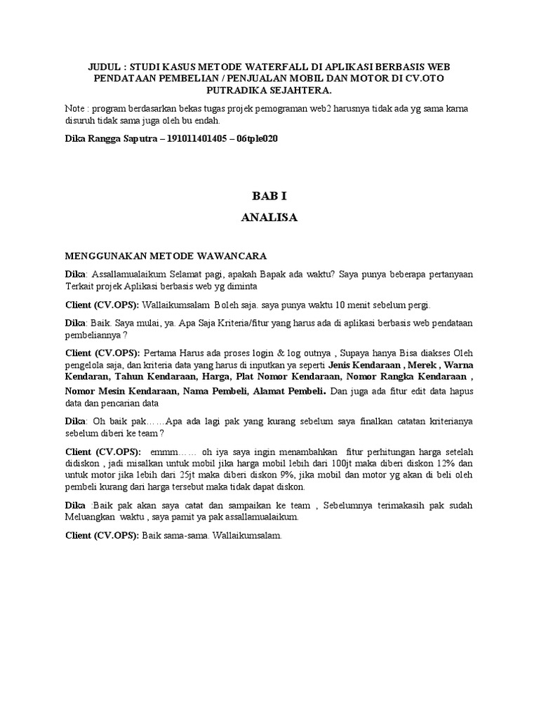Studi Kasus Waterfall Aplikasi CV Oto | PDF