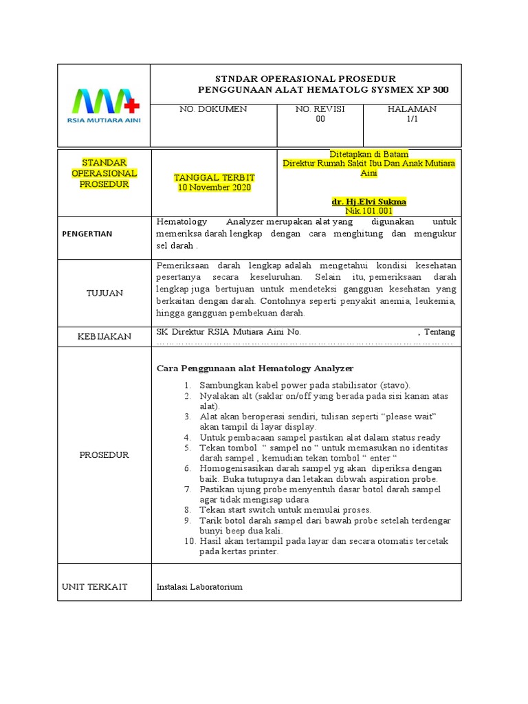 Sop Penggunaan Alat Sysmex XP 300 | PDF