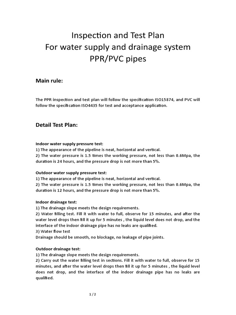 PPR/PVC Pipe Inspection and Testing Plan | PDF | Technology & Engineering