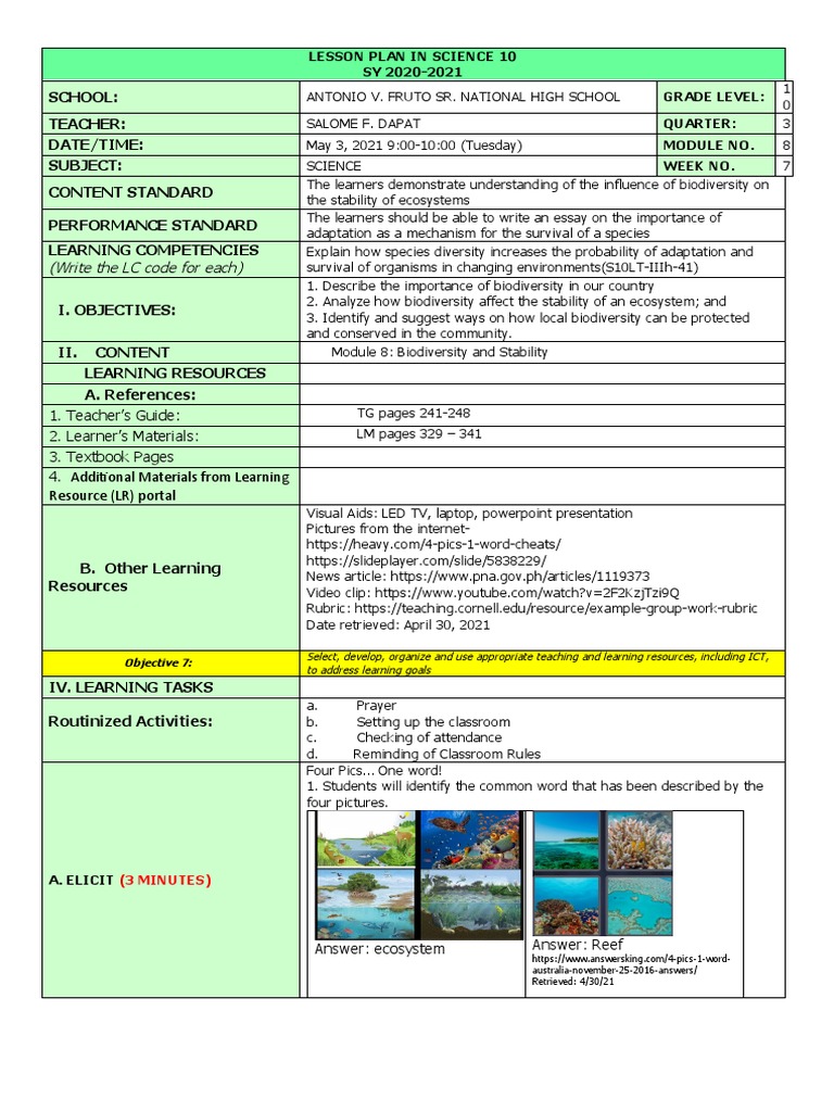 Biodiversity and Ecosystem Stability Lesson | PDF | Learning | Biodiversity