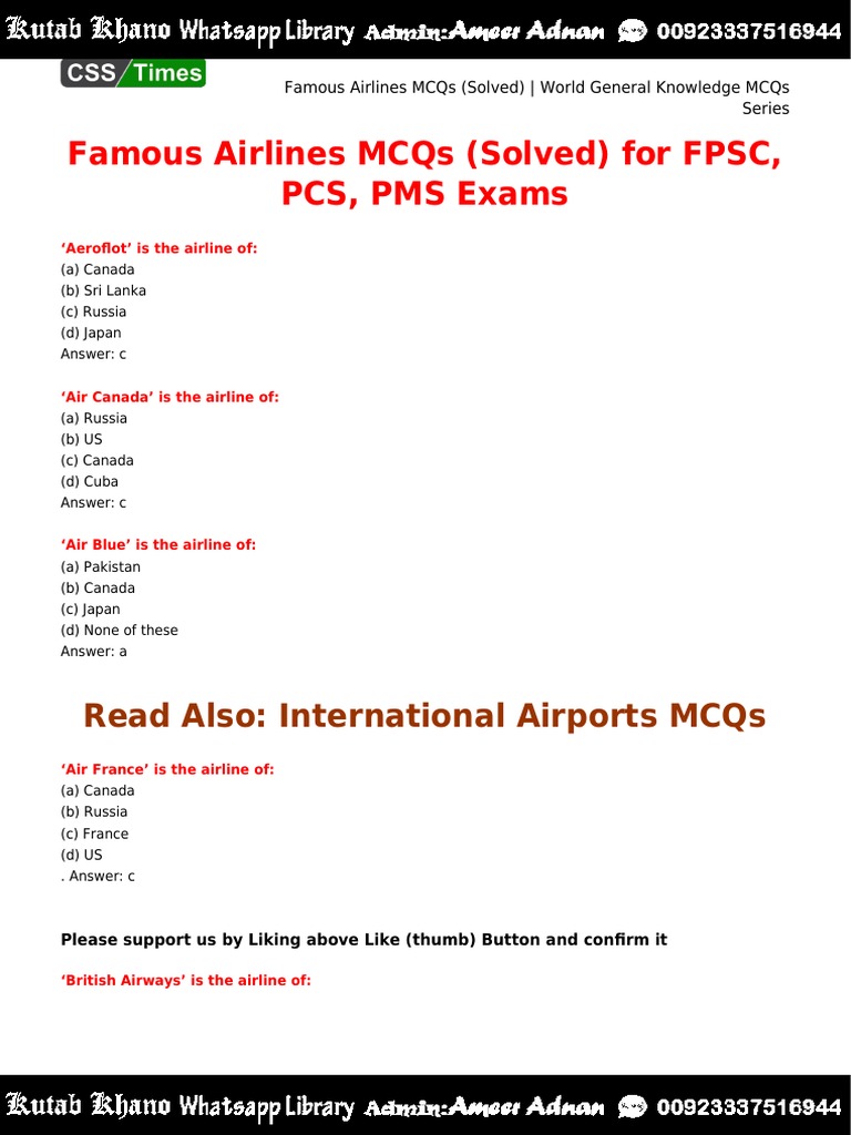 Famous Airlines MCQs (Solved) - World General Knowledge MCQs Series ...