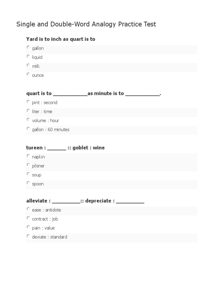 Double Word Analogy Practice Test | PDF | Gallon
