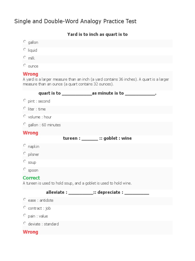 Single and Double-Word Analogy Practice Test | PDF | Gallon