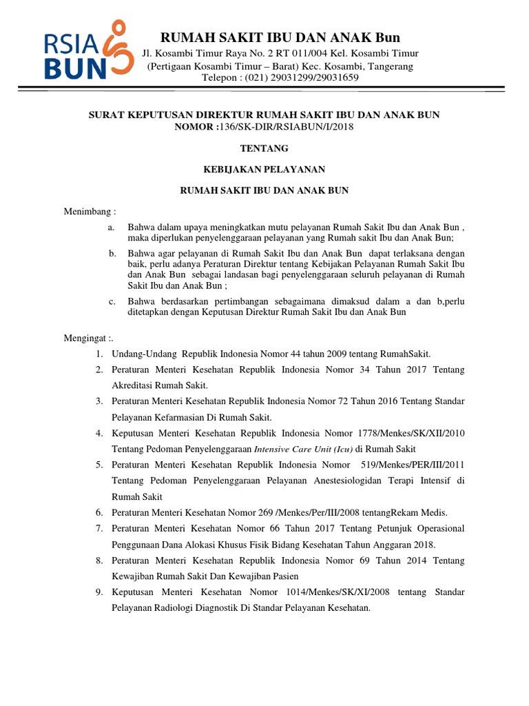 Kebijakan Pelayanan RSIA Bun | PDF