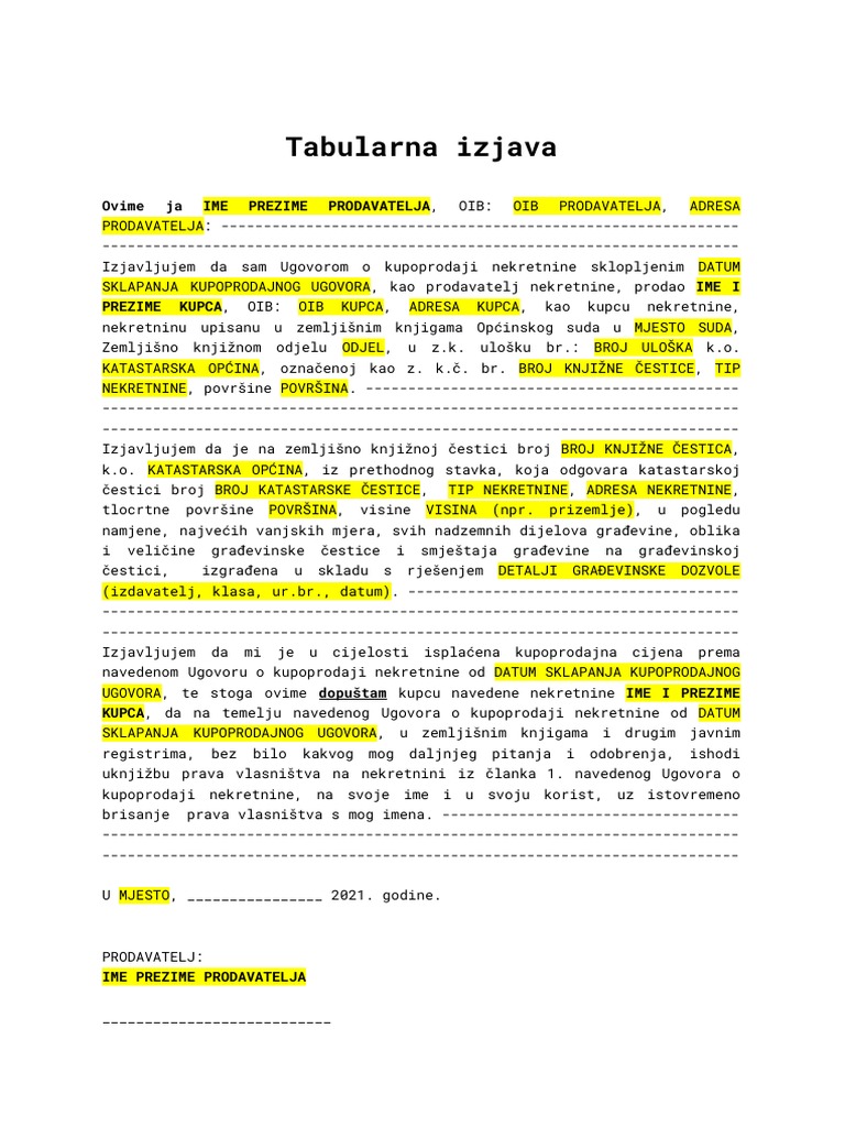 Tabularna Izjava - Primjer Za Kupoprodaju Nekretnine | PDF