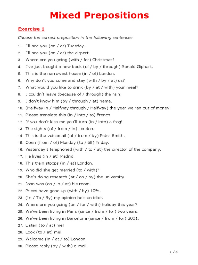Mixed Prepositions: Exercise 1 | PDF