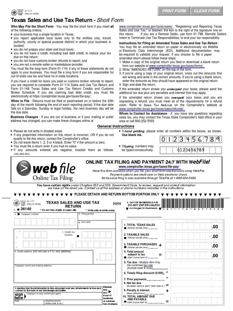 Short Form: Texas Sales and Use Tax Return | PDF | Use Tax | Tax Refund