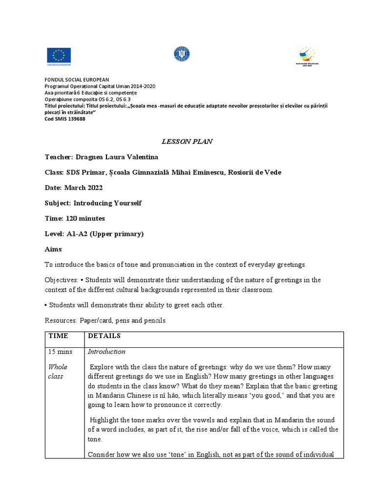 Lesson Plan, Introducing Yourself | PDF | Tone (Linguistics) | English ...