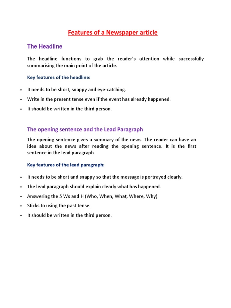 Features of A Newspaper Article | PDF