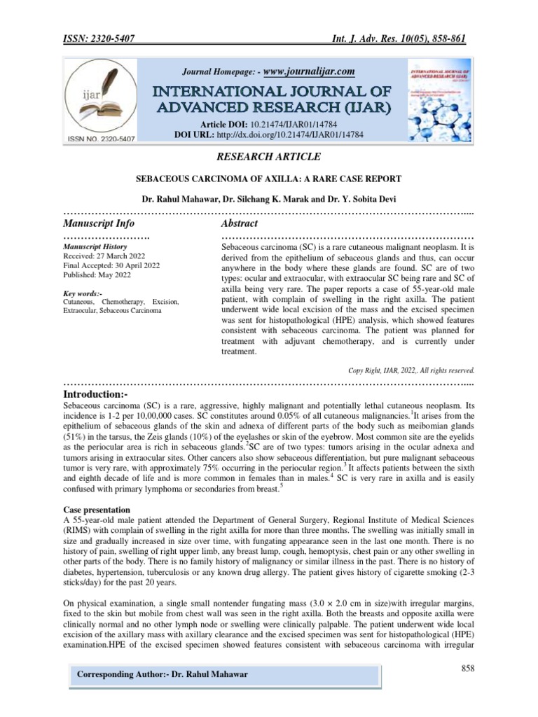 Sebaceous Carcinoma of Axilla: A Rare Case Report | PDF | Metastasis | Breast Cancer