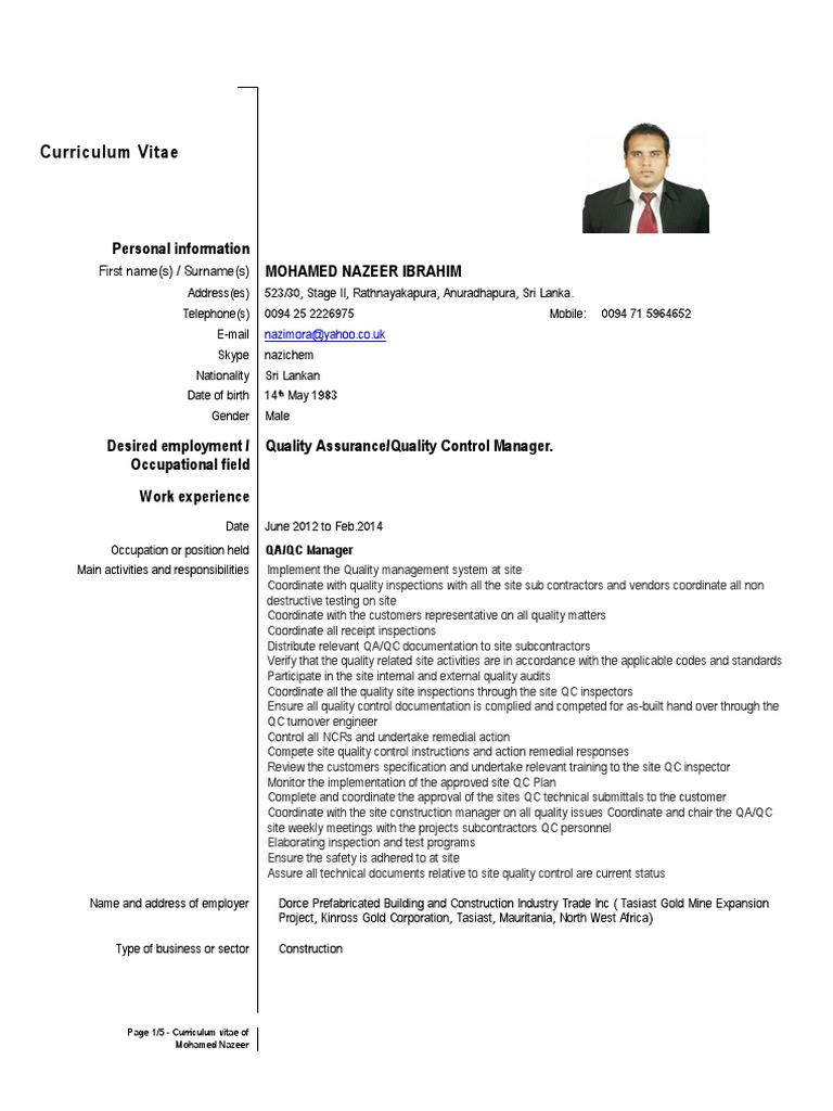 Curriculum Vitae: Personal Information Mohamed Nazeer Ibrahim | PDF ...
