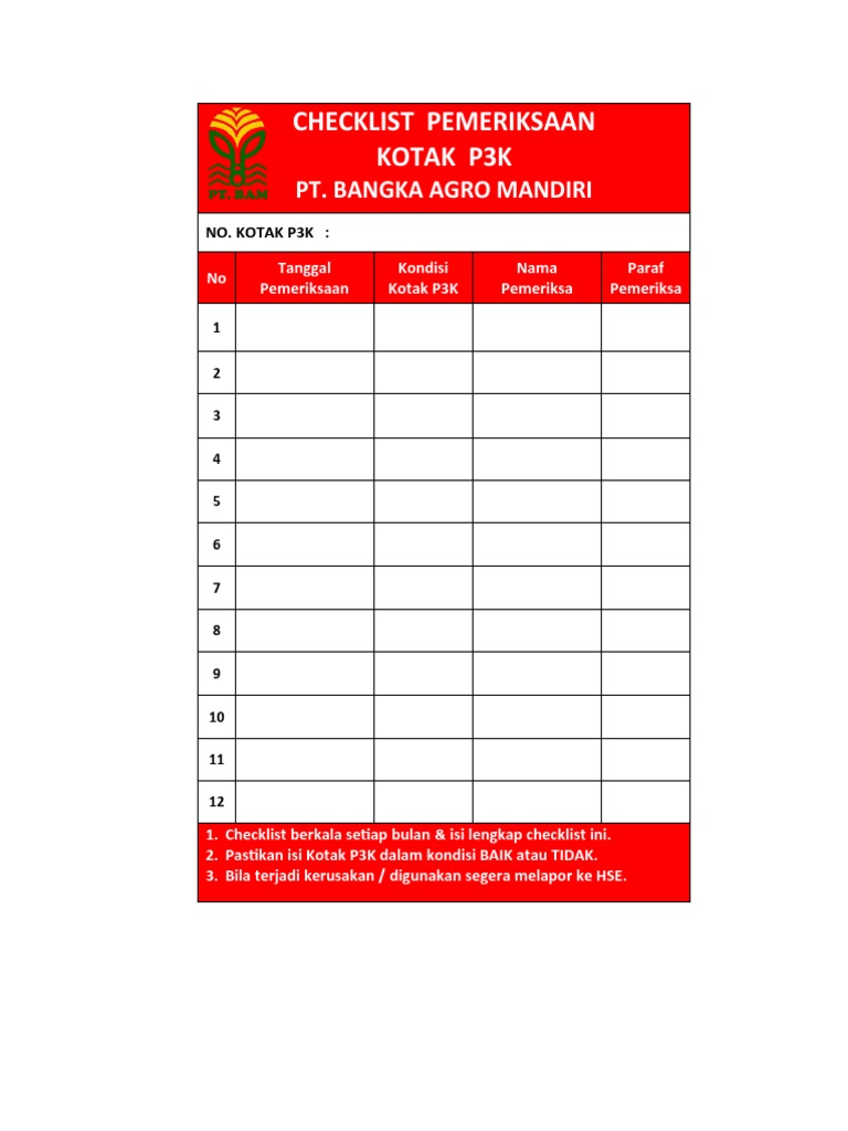 Checklist Pemeriksaan Apar & Kotak p3k | PDF