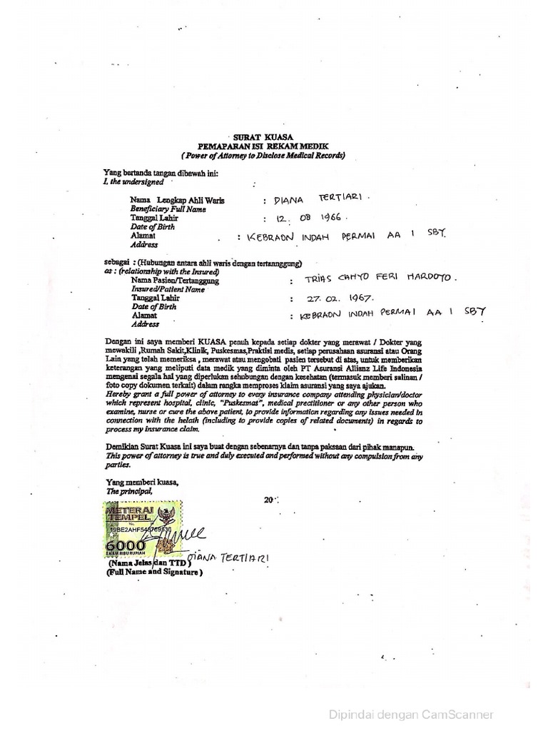 Surat Kuasa Pemaparan Isi Rekam Medik | PDF