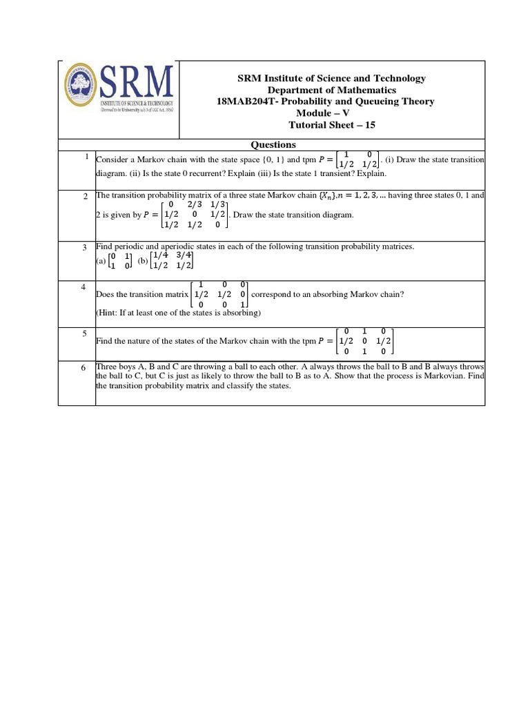 SRM Institute of Science and Technology Department of Mathematics 18MAB204T-Probability and ...