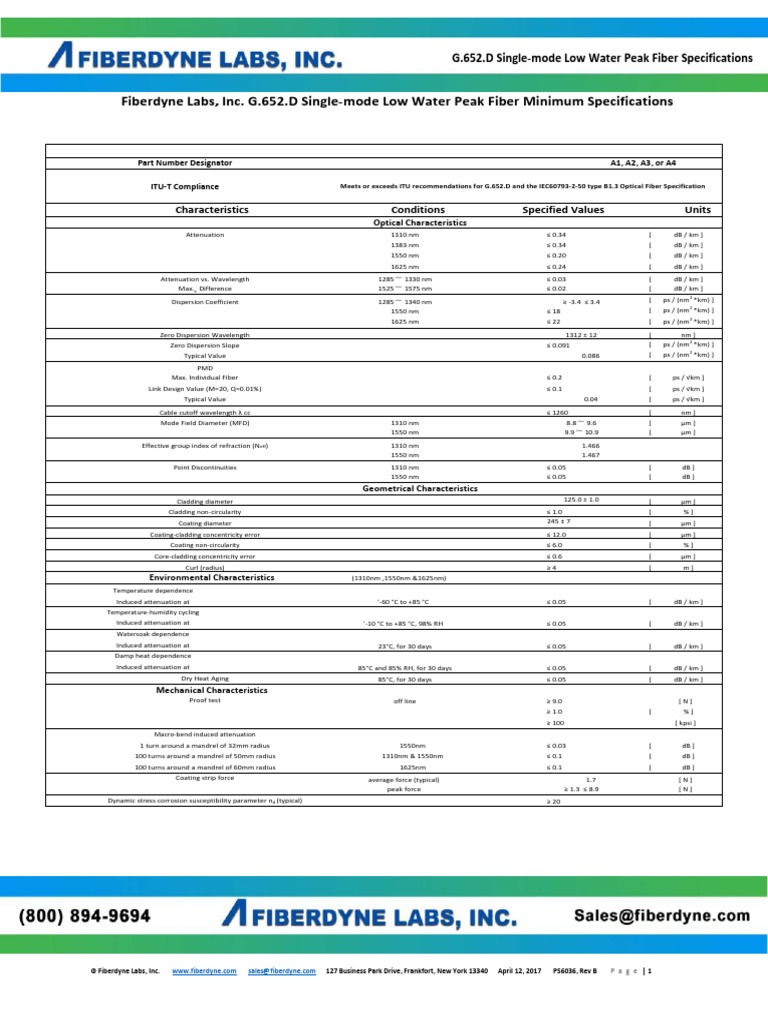 Fiberdyne G.652.D Single Mode Fiber Specifications | PDF | Optical ...