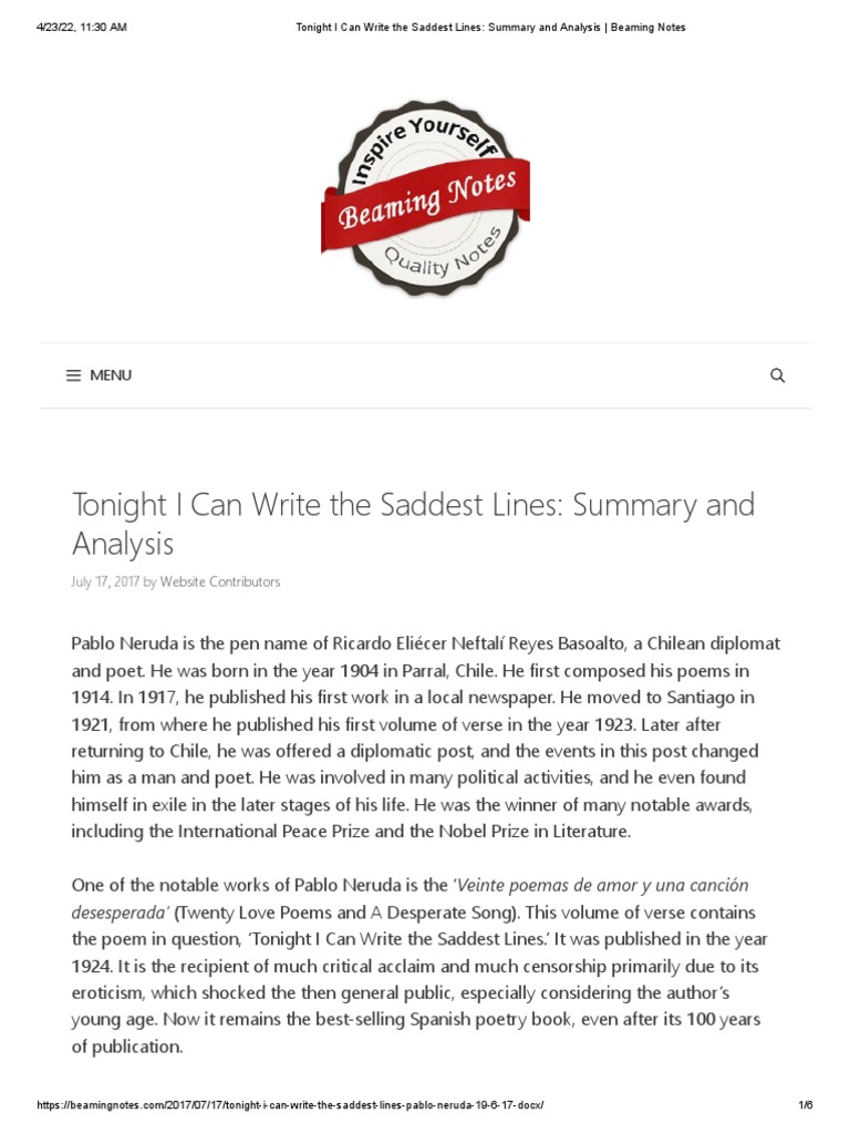 Tonight I Can Write The Saddest Lines - Summary and Analysis - Beaming ...