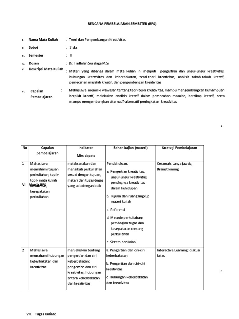 RPS Teori Kreativitas | PDF