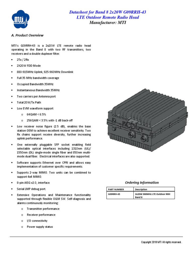 MTI G09RRH-43 LTE RRH Band 8 Datasheet V1.0 | PDF | Radio | Radio ...