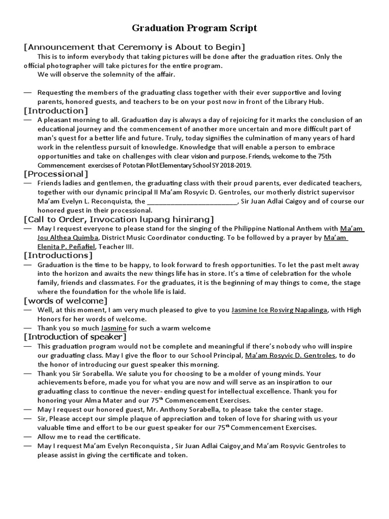 Graduation Program Script: (Announcement That Ceremony Is About To Begin) | PDF