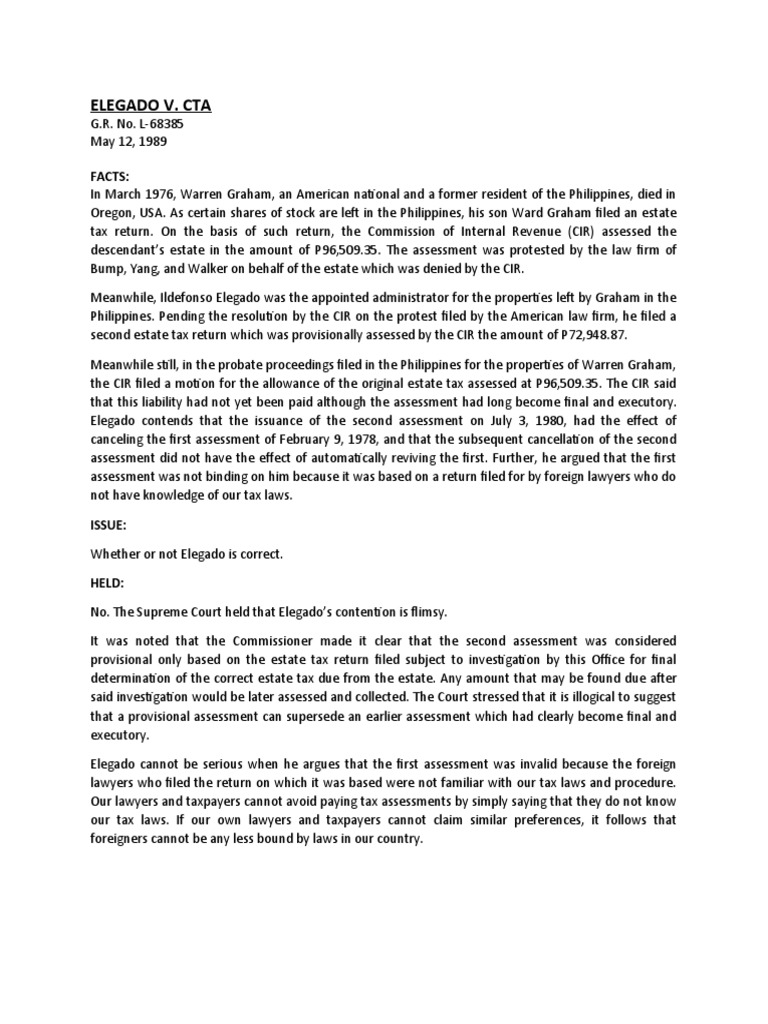 Elegado V. Cta: Facts | Download Free PDF | Taxes | Estate Tax In The ...