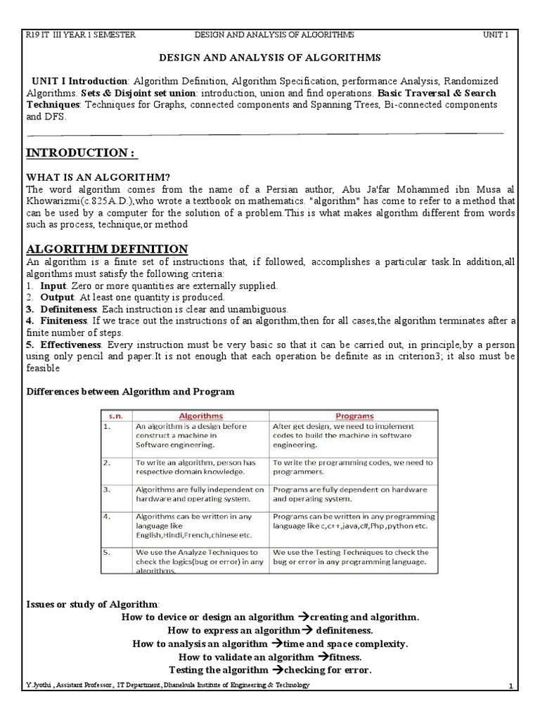 R19 It Iii Year 1 Semester Design and Analysis of Algorithms Unit 1 | PDF | Control Flow | Time ...