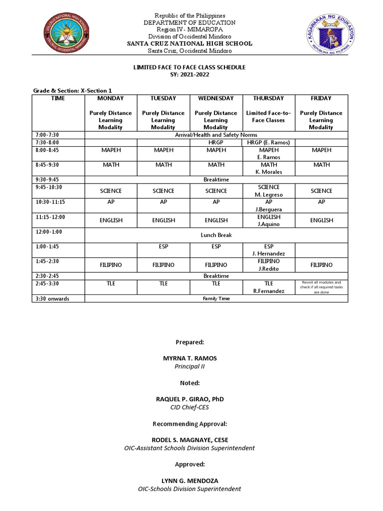 g10 Class Schedule | PDF | Southeast Asia | Philippines