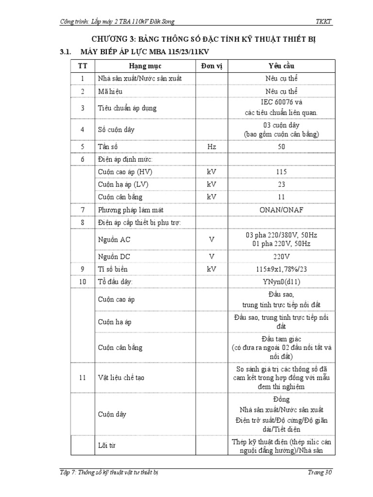 Chương 3:: C ông trình: Lắp máy 2 TBA 110kV Đăk Song Tkkt | PDF