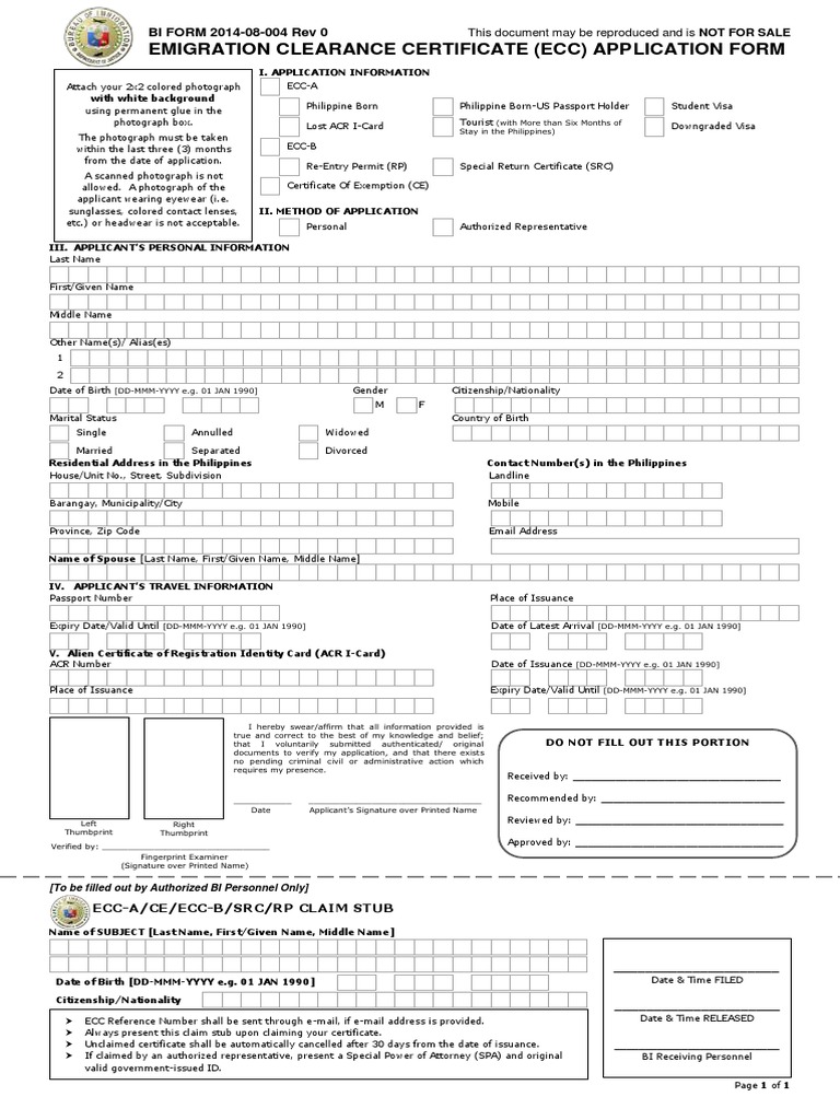Emigration Clearance Certificate (Ecc) Application Form | PDF | Travel Visa | Identity Document