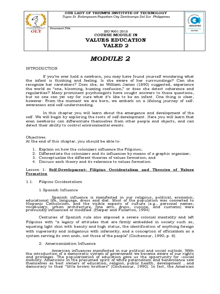 Values Education Valed 2: Course Module in | PDF | Cognitive Development | Cognition