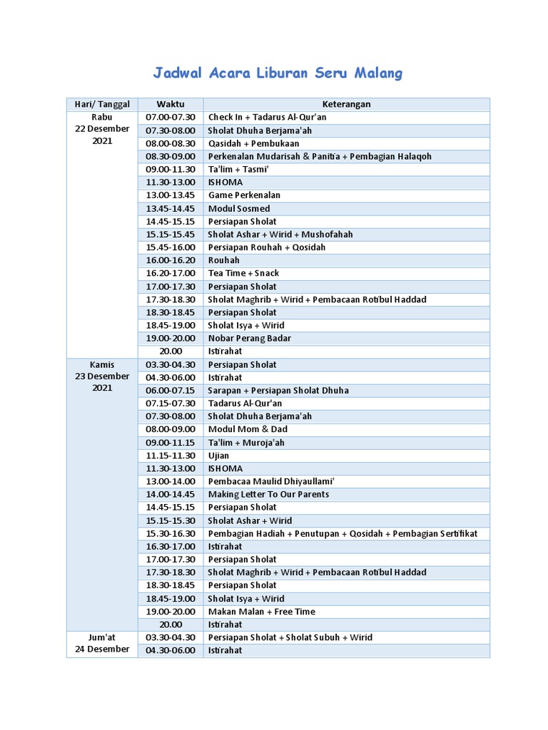 Jadwal Acara Liburan Seru Malang | PDF