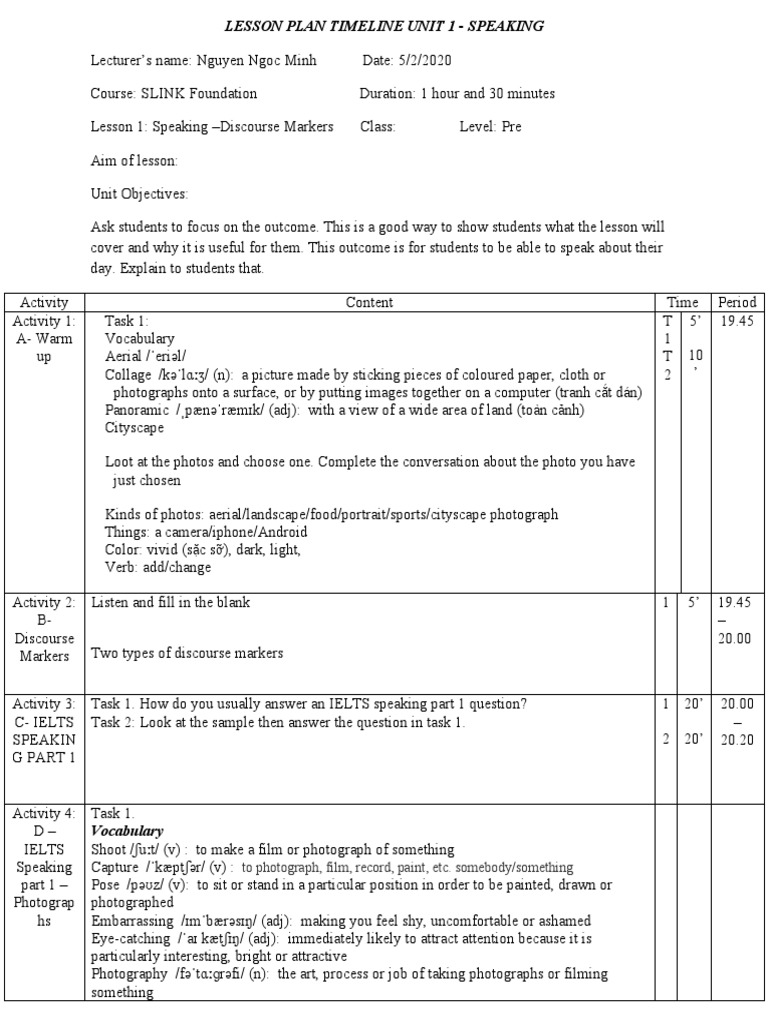 Lesson Timeline 1 Speaking - Discourse Markers | PDF | Photograph